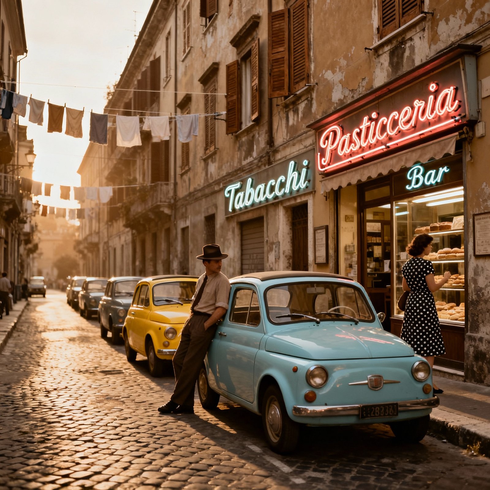 Una Strada Italiana tra Fiat 500 e Insegne Retrò AI - Claudiano